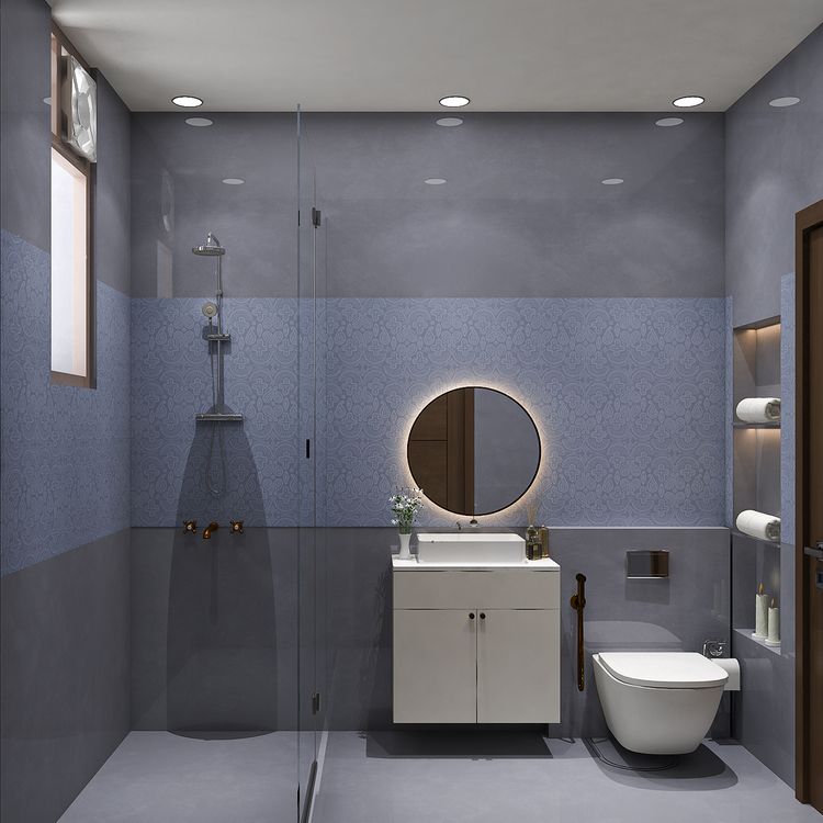 Contemporary Blue and Grey Tile Bathroom Design with Round Backlit ...