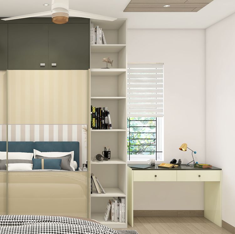 Modern White Home Office Design with Study Desk, Overhead Cabinets and ...