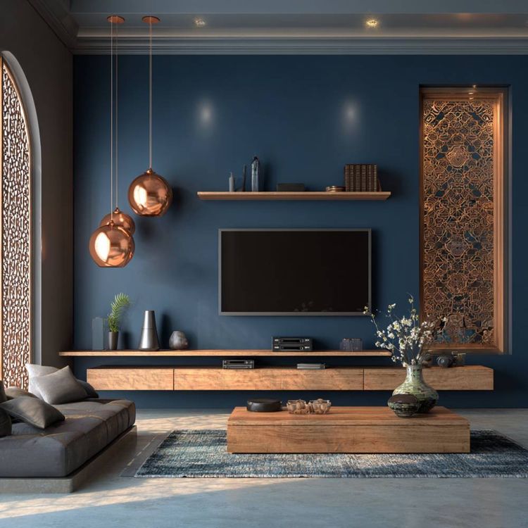 Contemporary TV Unit Design with Floating Consoles and Blue Backsplash ...