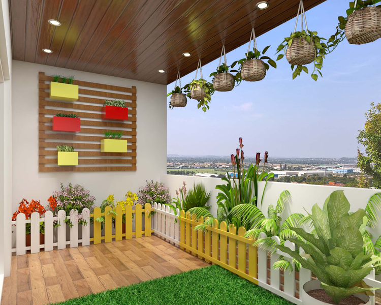 Yellow And White Compact Balcony Design With Planters | Livspace