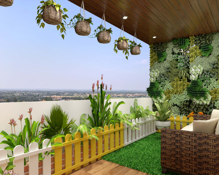 Yellow And White Compact Balcony Design With Planters | Livspace