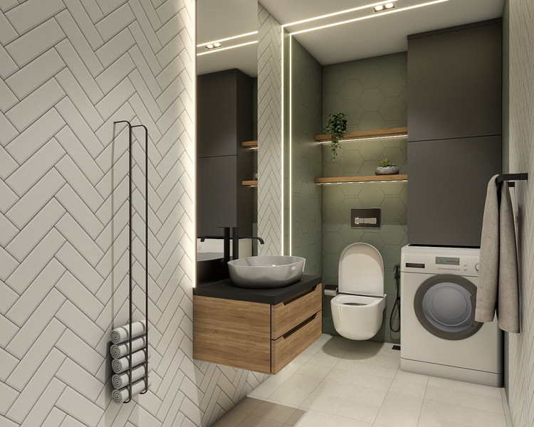 Compact Bathroom Design With Washing Machine And Green Wall | Livspace