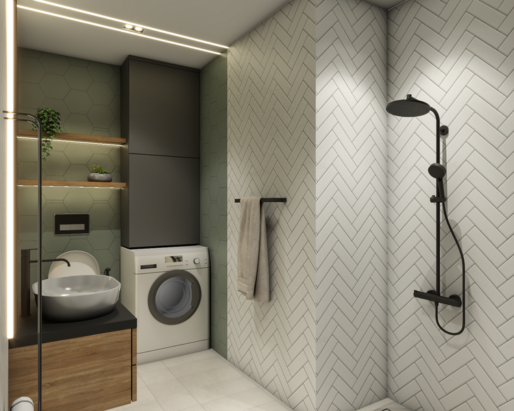 Compact Bathroom Design With Washing Machine And Green Wall | Livspace
