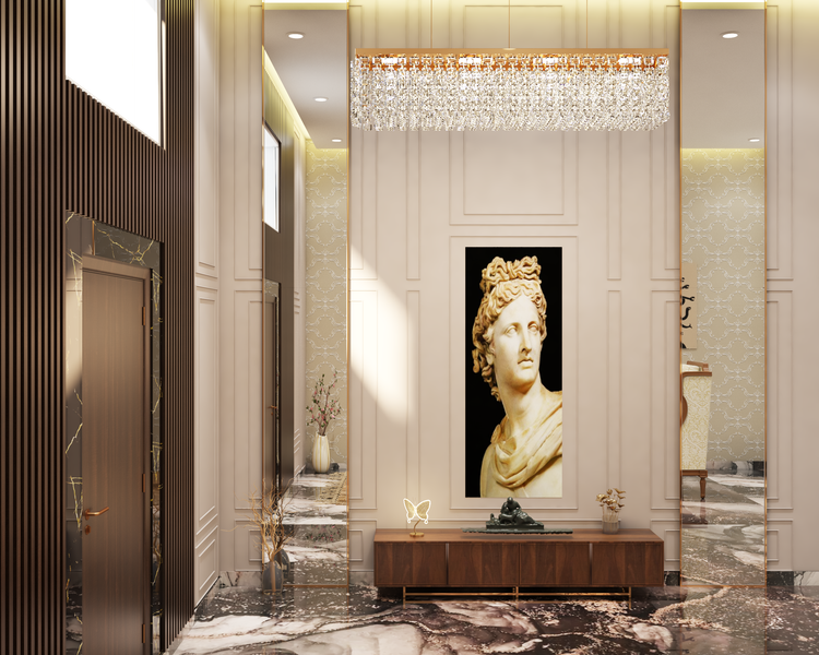 Classic Foyer Design With Royal Interiors And Elegant Chandelier | Livspace