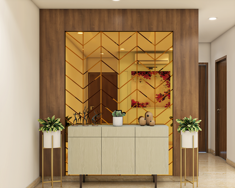 Wall Design With Mirror And Wooden Panels | Livspace
