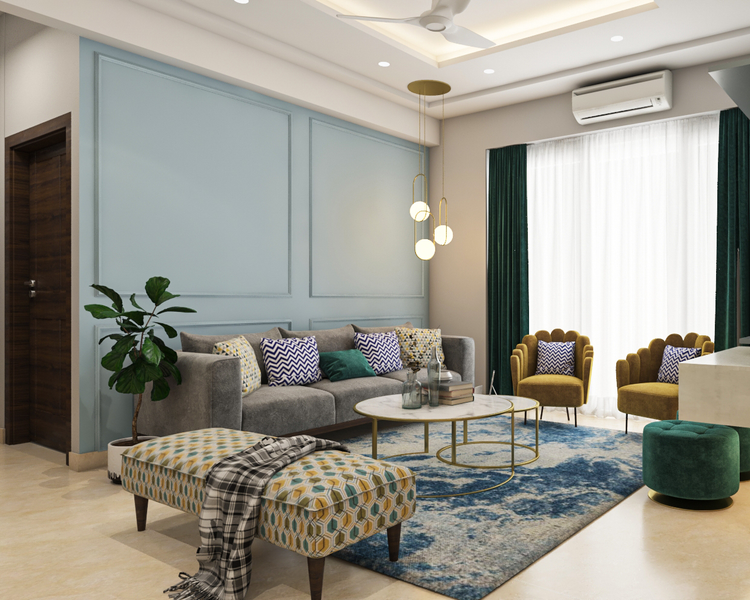White And Blue Wall Paint Design With Wall Trims | Livspace
