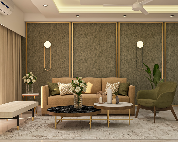 Living Room Wallpaper With Golden Trims | Livspace