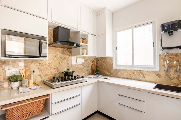 Rectangular Glossy Brown Marble Kitchen Tile Design | Livspace