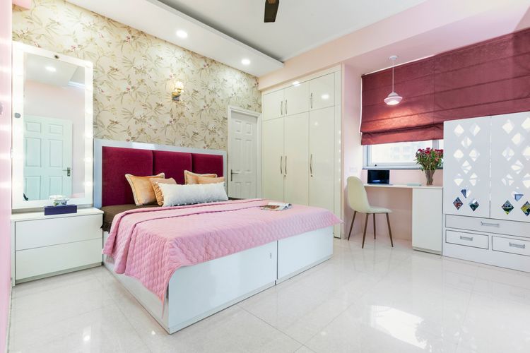 Spacious Multifunctional Guest Room Design With Floral Wallpaper ...