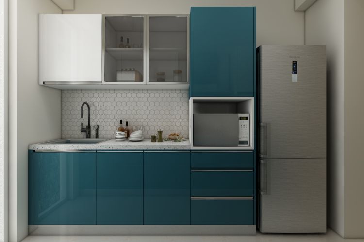 Modular Kitchen Design With White Dado Tiles - 12X10 Ft | Livspace