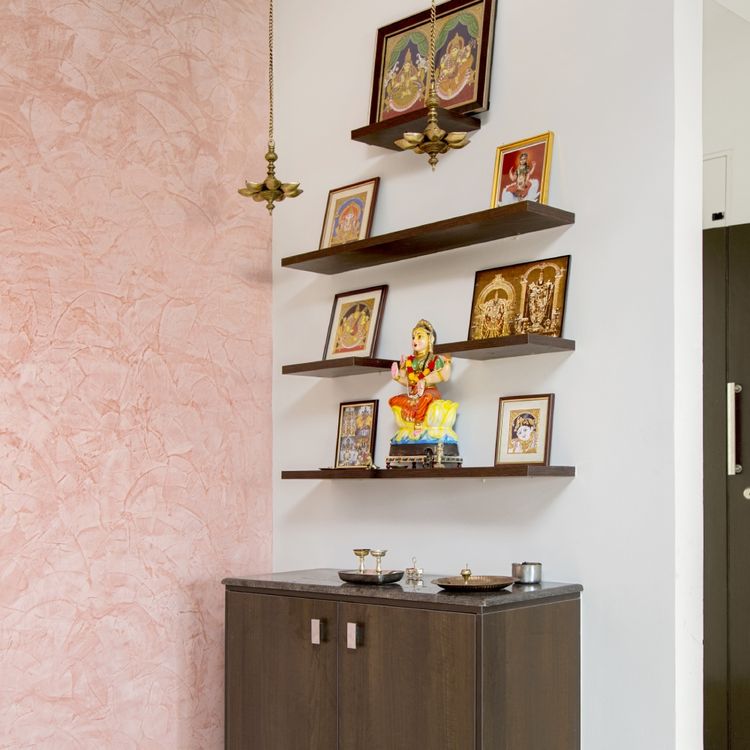 Compact Walnut Bronze Mandir Design With Wall Shelves - 4X6 Ft | Livspace