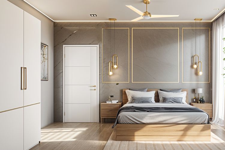 Spacious Modern Master Bedroom Design: King Bed and Grey Textured Wallpaper | Livspace