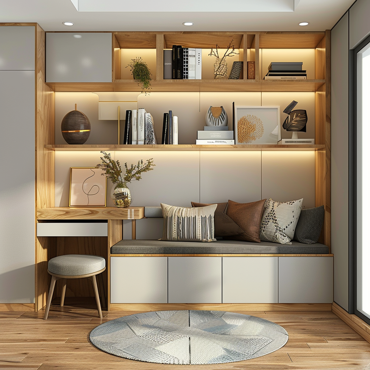 Multifunctional Wall: White & Wood Tones to Study, Store & Sit | Livspace