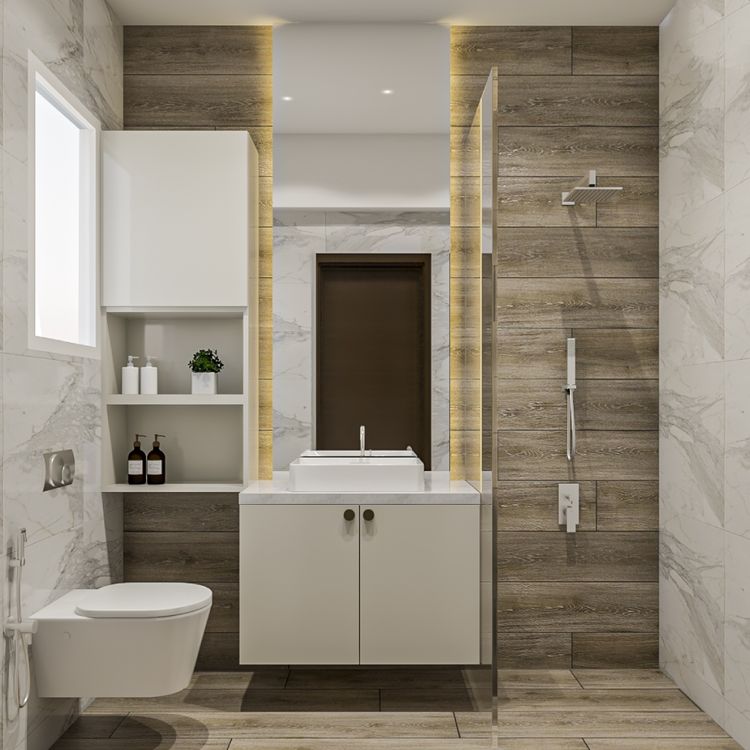 Compact Light Wood Bathroom Design WIth Long Rectangular Mirror | Livspace