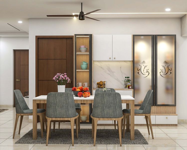Spacious Modern Dining Room Design: White Dining Table and Grey Chairs ...