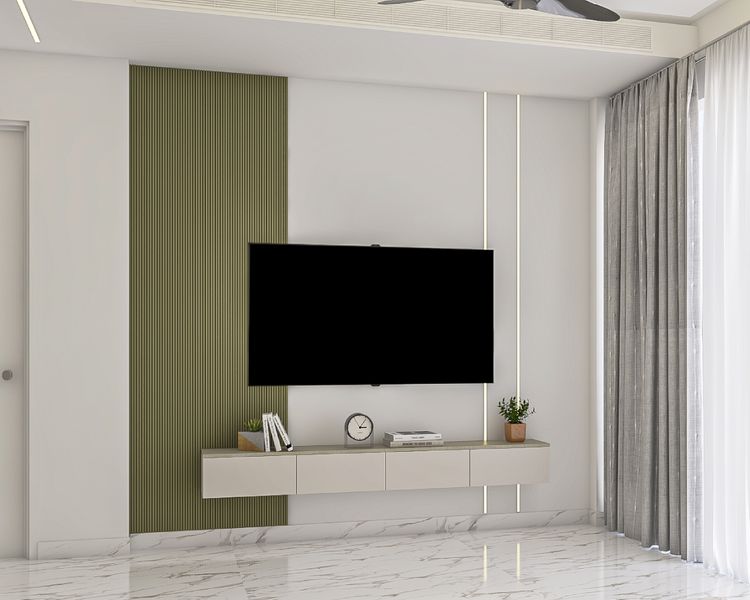 Minimal TV Unit Design: Frosty White with Wall Mounted Drawer Unit | Livspace