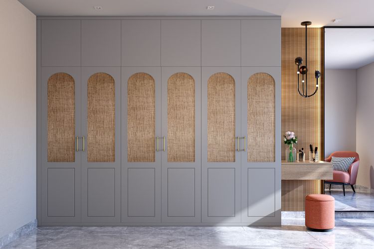 6-Door Floor to Ceiling Modern Grey and Cane Wardrobe Design with ...