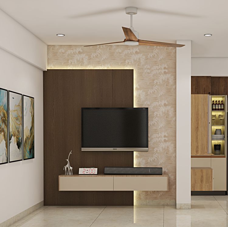 Contemporary Living Room TV Unit Design with Wood Panel Backdrop | Livspace