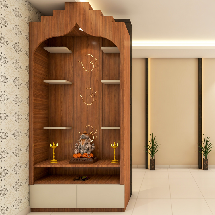 Classic Open Pooja Room Design with Jali Pattern Door and Storage ...