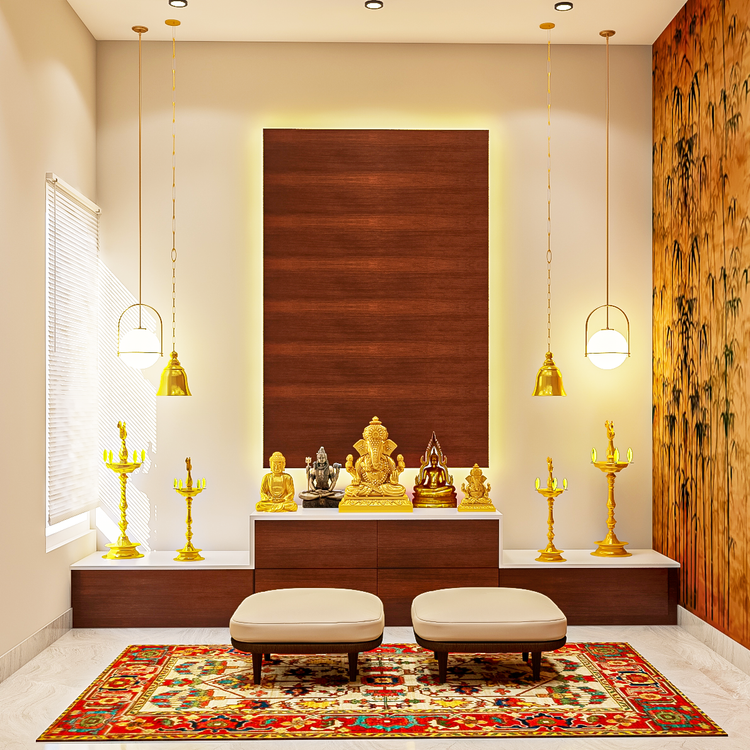 Spacious Modern Pooja Room Design with Storage Drawers and Shelves ...