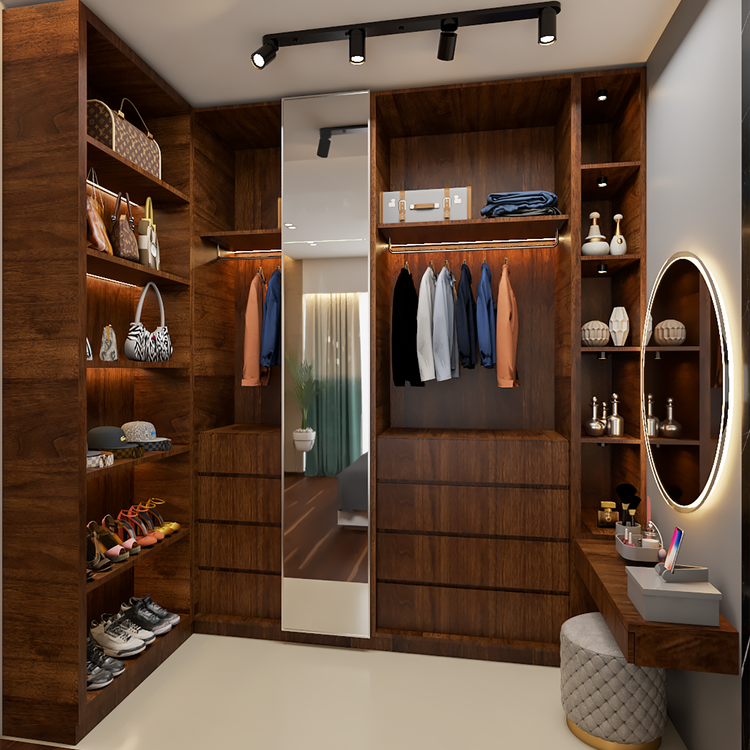 Walk-in Wardrobe with Ambient Lights and Circular Mirror | Livspace