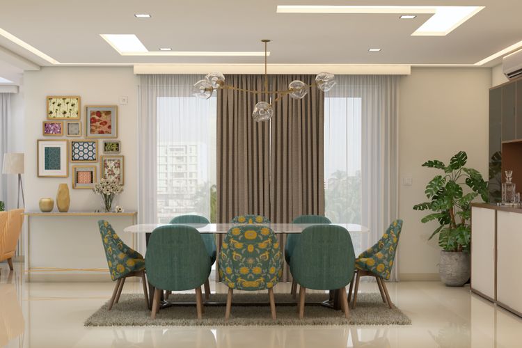 Spacious Dining Room Design With Colourful Chairs And Marble Dining ...