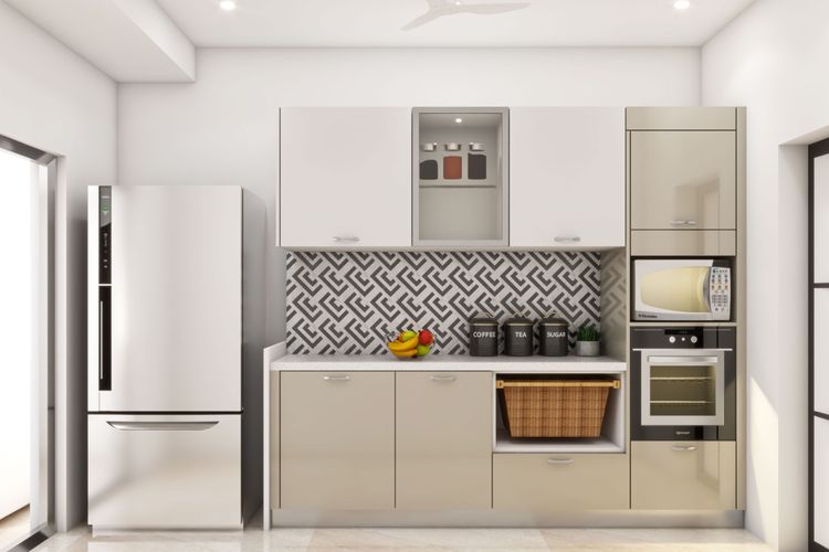 Modern Compact Kitchen Design Idea With Patterned Tiles | Livspace