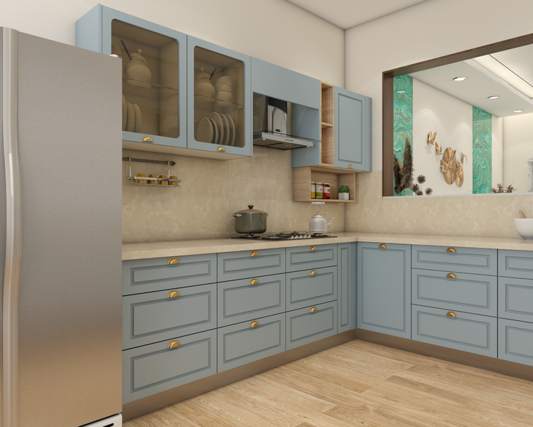 Spacious Blue And Cream Kitchen Design Idea | Livspace