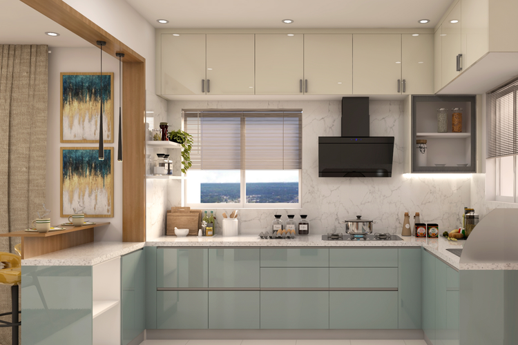 Modular Spacious Kitchen Design With Pastel Blue Decor | Livspace