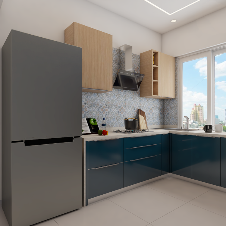 Dark Blue Modern Compact U-Shaped Kitchen Design Idea | Livspace