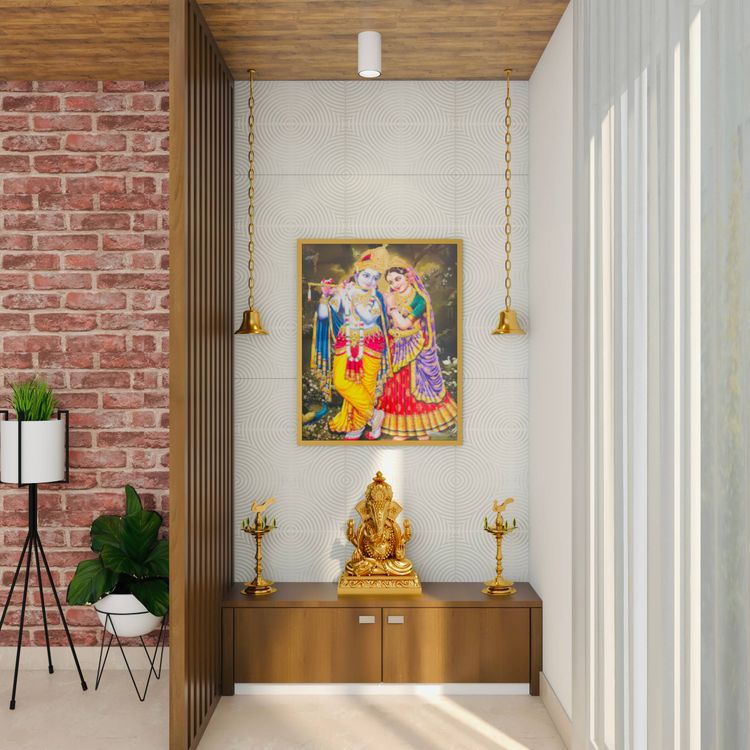 Compact Pooja Room Design With Wooden Platform And White Backdrop ...