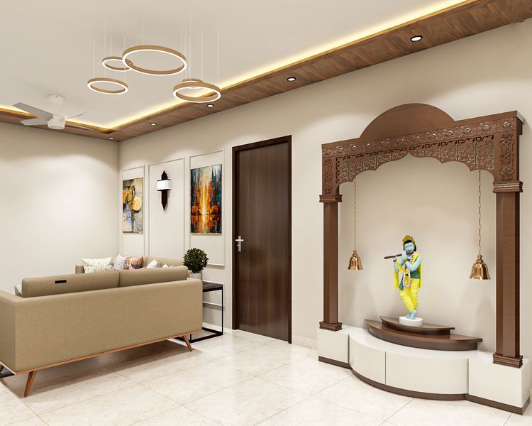 Traditional Spacious Pooja Room Design With Three Tier Platforms | Livspace
