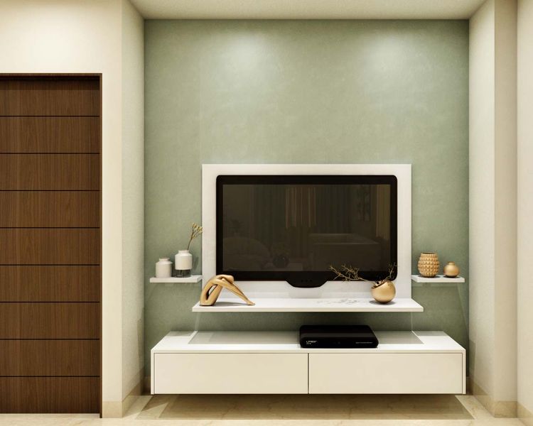 Modern TV Unit Design with Pastel Green Wall and Max Storage | Livspace