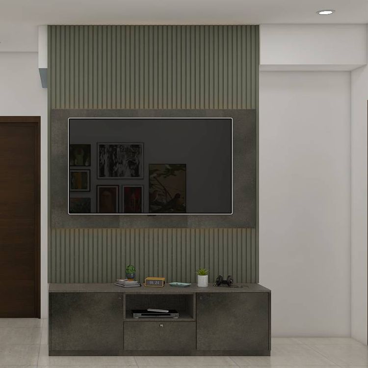 Compact TV Unit Design With Fluted Panel And Console | Livspace