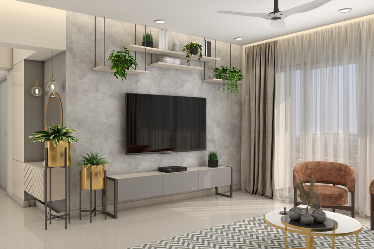 Spacious TV Unit Design With Concrete Texture Wall | Livspace