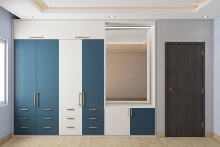 Modern Blue And White Wardrobe Design With Cove Ceiling | Livspace