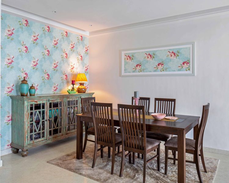 6-Seater Wooden Dining Room Design With Mint-Green Storage Cabinet ...