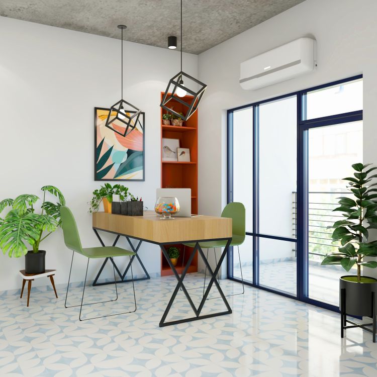 Home Office Design With Wooden Table And Green Accent Chair - 9x9 Ft ...