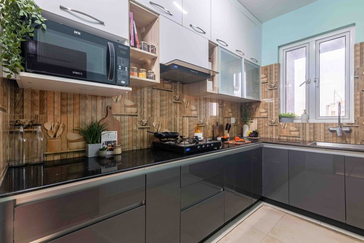 Contemporary L-Shape Modular Kitchen Design with Slate Grey Base Unit ...