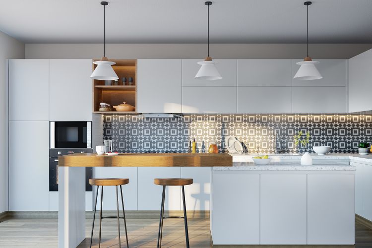 Grey And White Square Grid Island Kitchen Tile Design - 200x200 mm ...