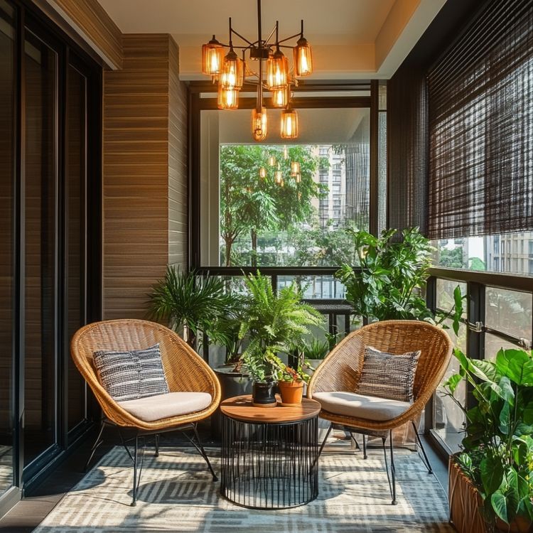Charming Tropical Balcony Design Featuring Plants and Comfortable Cane Seating | Livspace