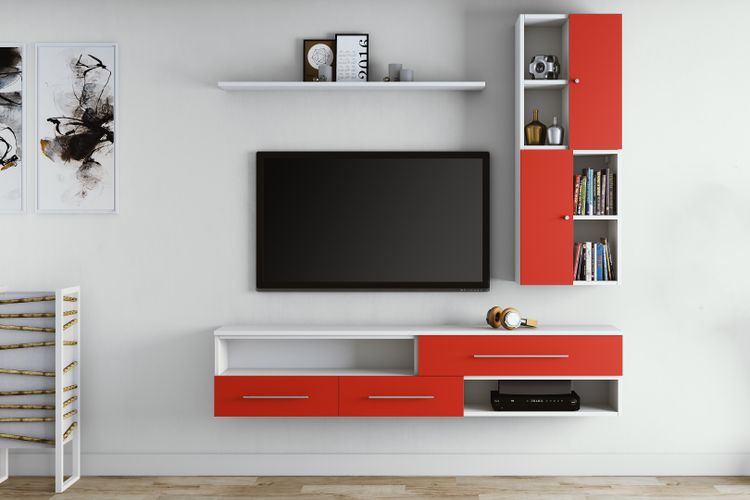 Modern TV Unit Design with Open and Closed Storage in Red and White ...
