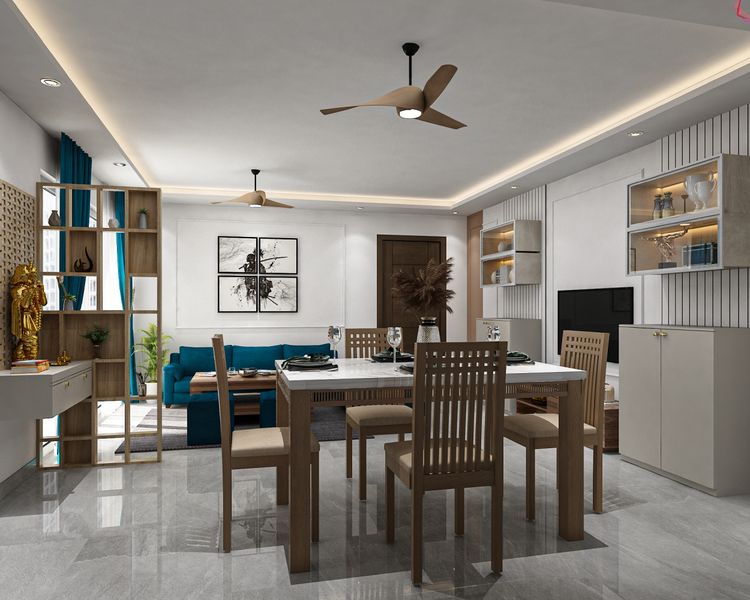 Compact Modern Dining Room Design with Marble Table, Wooden Accents and ...