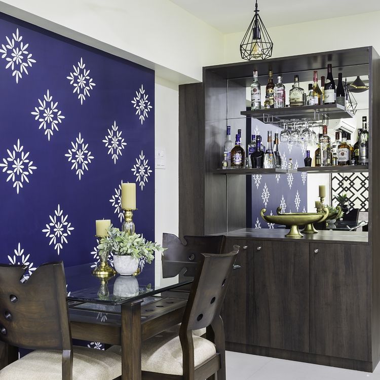Contemporary Home Bar Design with Suede Finish and Open Racks | Livspace