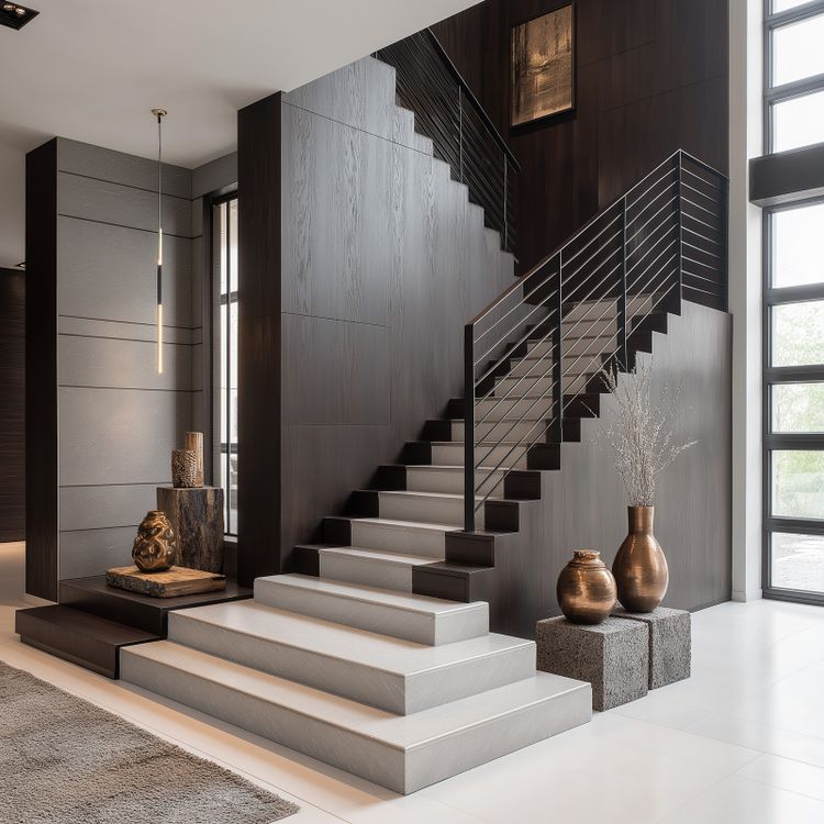 L-Shaped Modern Staircase Design with Marble Treads and Wooden Details ...