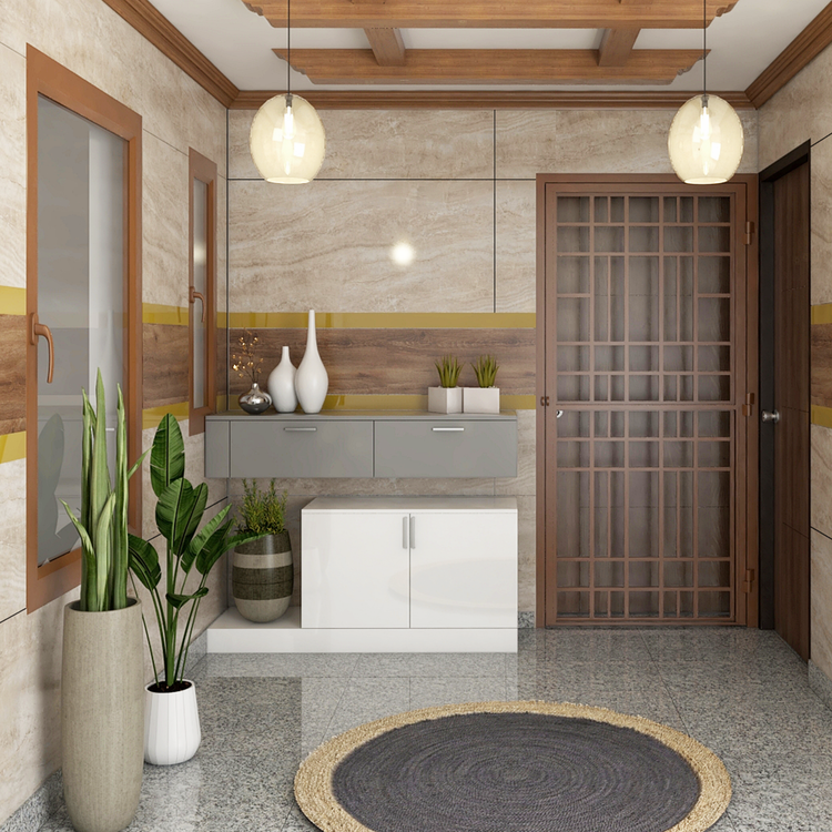 Wooden Ceiling Modern Spacious Foyer Design Idea with Glossy Units ...