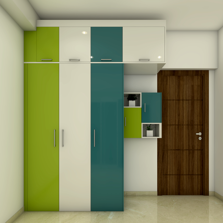 Green and White Compact Hinged Contemporary Wardrobe Design with Loft ...