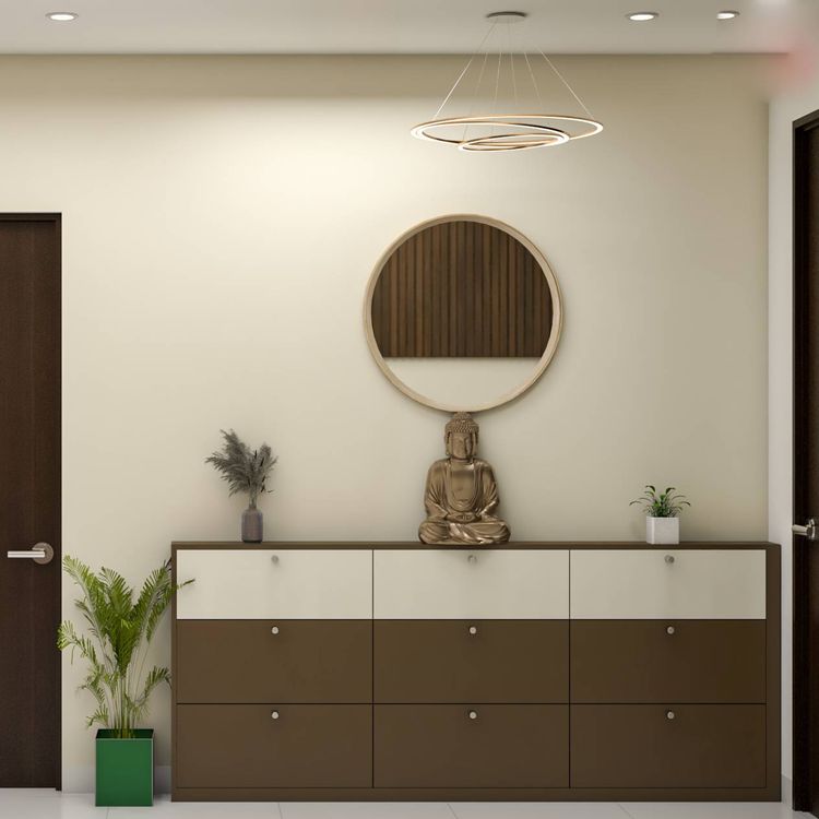 Spacious Foyer Design With Floor-Mouted Storage Unit And Beige Wall ...