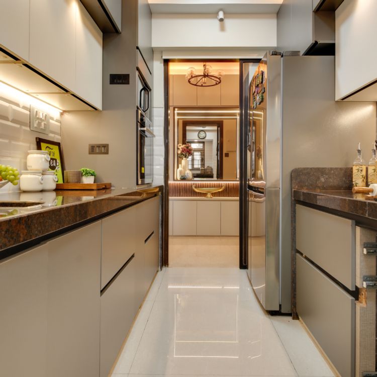 Parallel Modular Kitchen Design With Cream And White Cabinets - 11x7 Ft ...
