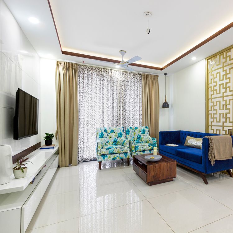 Bangalore 2-BHK Apartment Interior Design With Wood And Blue U-Shaped ...